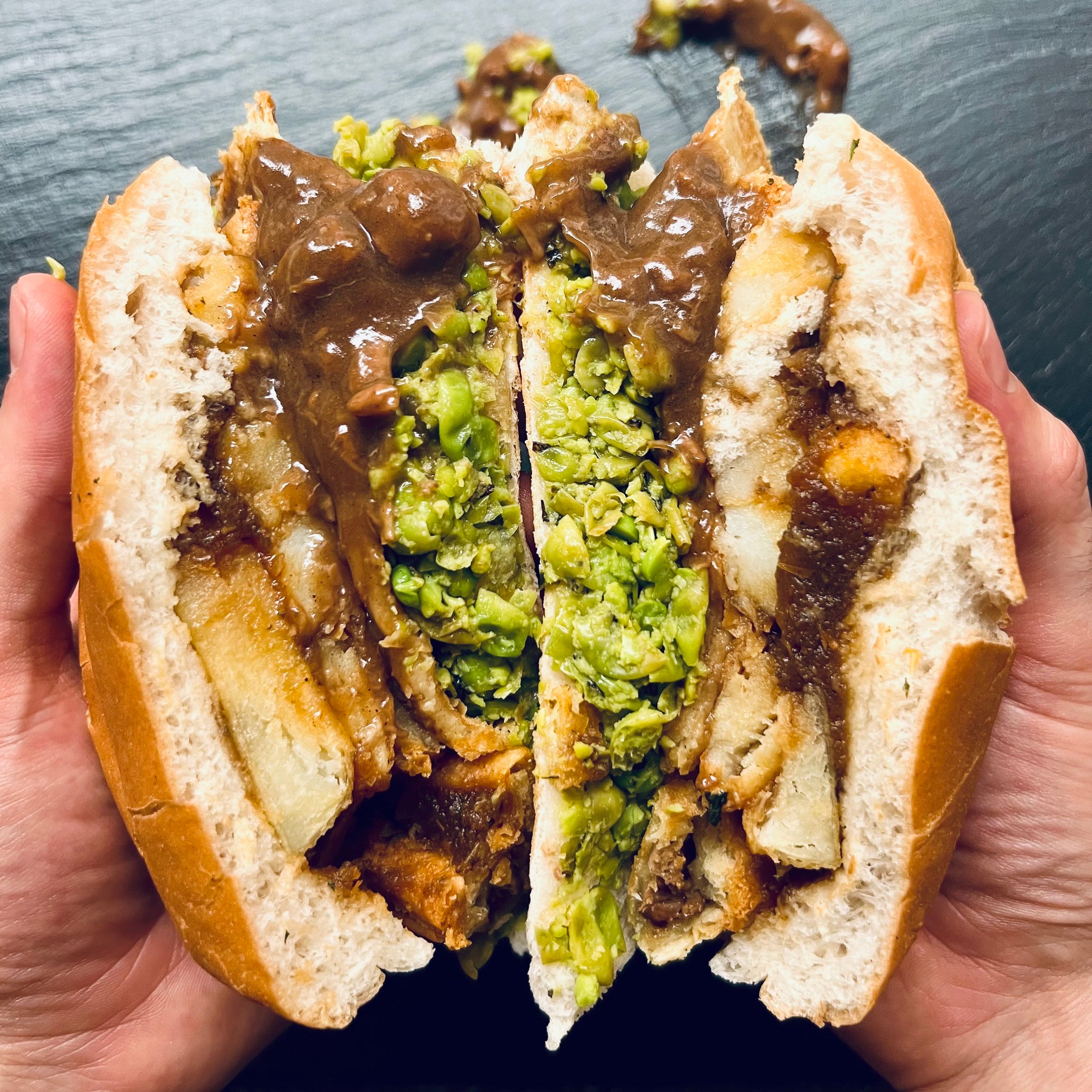 Wigan Kebab with Chips, Mushy Peas and Onion Gravy Ketchup